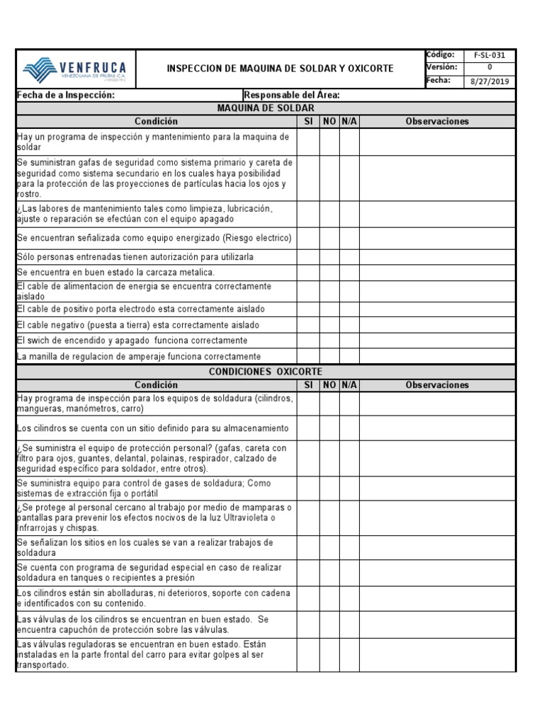 F-SL-031 Inspeccion de Maquina de Soldar y Oxicorte | PDF | Soldadura | Construcción