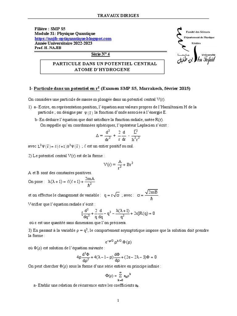 TD MQ SMP S5 Chap4 2022-23 | PDF | Atomes | Physique