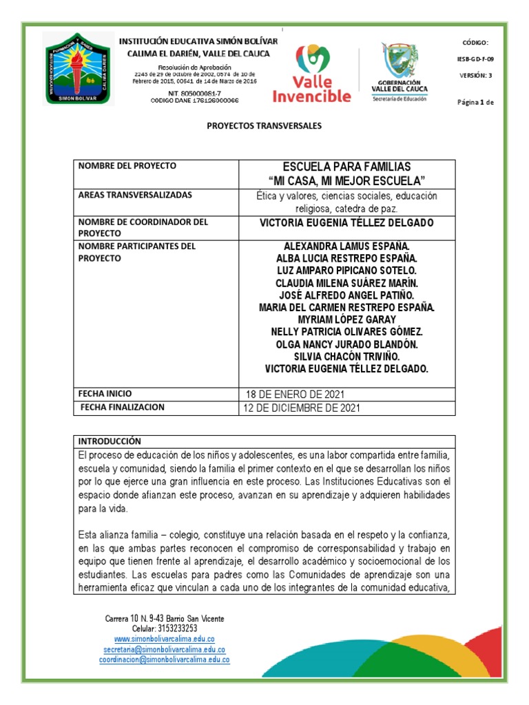 PROYECTO-TRANSVERSALES-ESCUELA-PARA-FAMILIAS-2021 | PDF | Familia ...