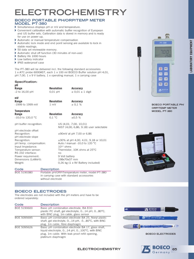 BOECO Portable PH - ORP - Temp Meter Model PT 380 | PDF | Ph | Applied And Interdisciplinary Physics