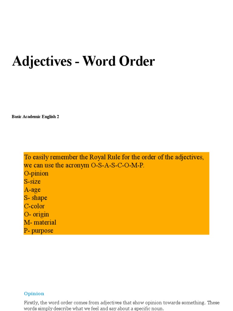 Adjectives - Word Order | PDF | Adjective | Noun