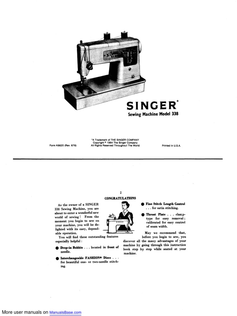 Singer Sewing Machine 338, Máquina Coser, Manual | PDF