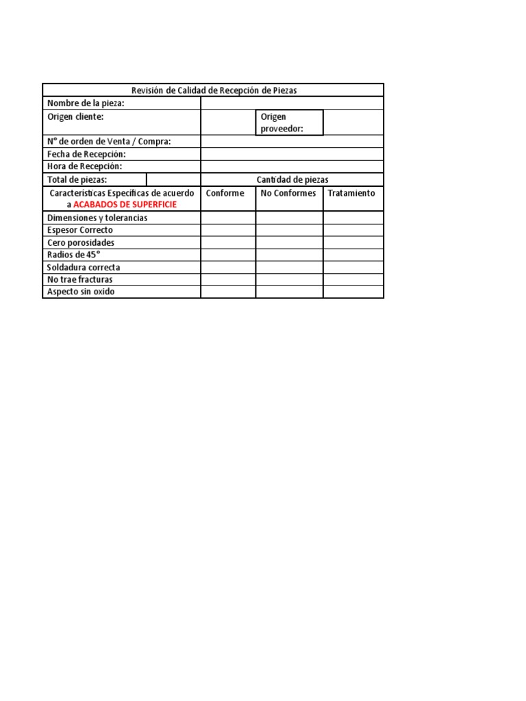 Formato de Recepción de Piezas | PDF