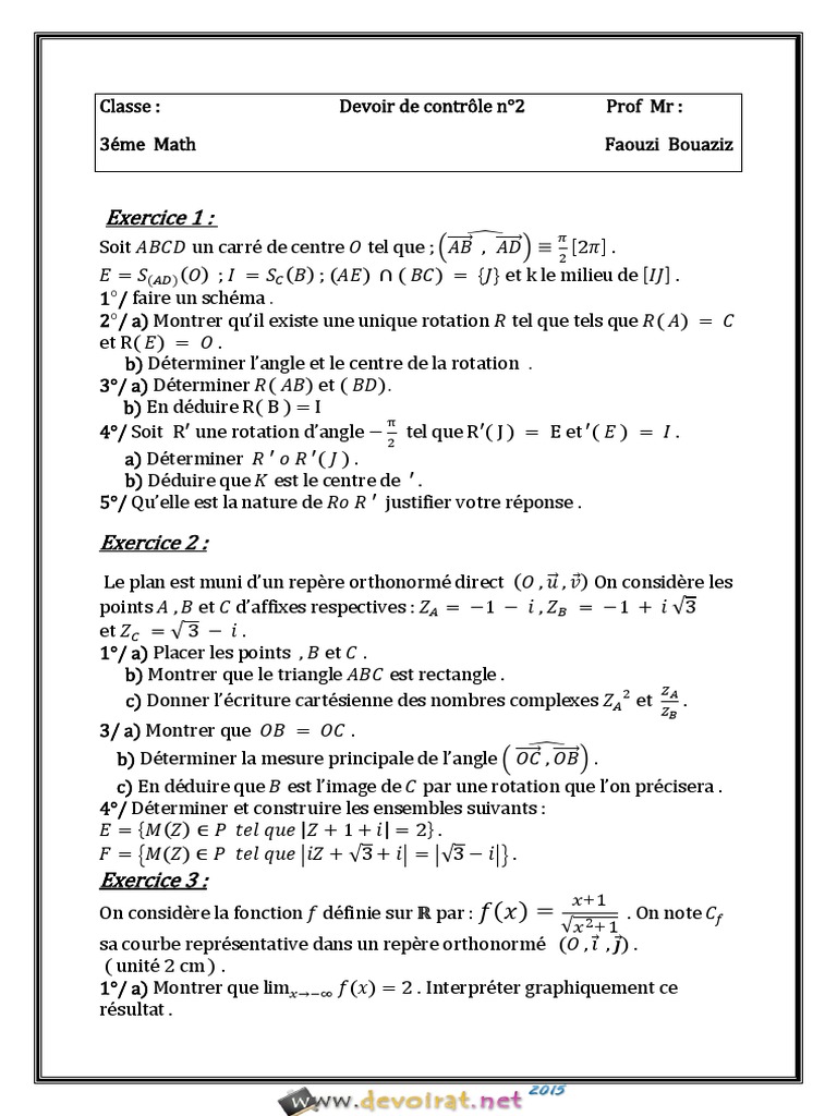 Devoir de Contrôle N°2 - Math - 3ème Math (2014-2015) MR Bouaziz Faouzi ...