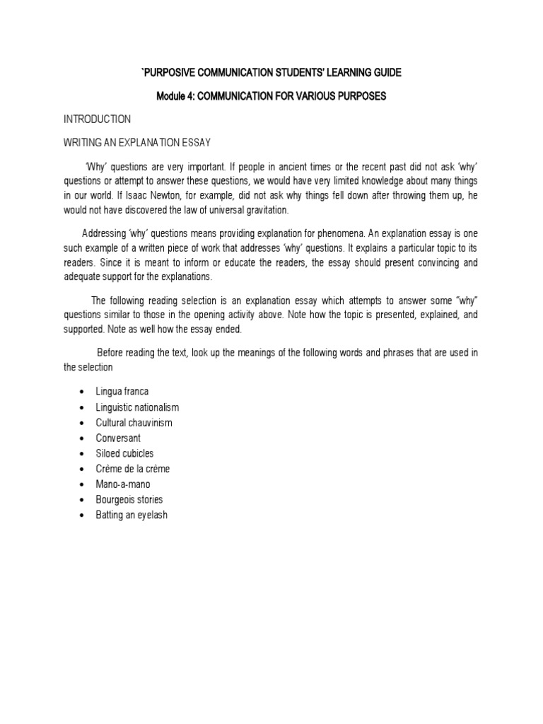 Module 4 Communication in Various Purposes Lesson 1 The Explanation Essay | Download Free PDF ...