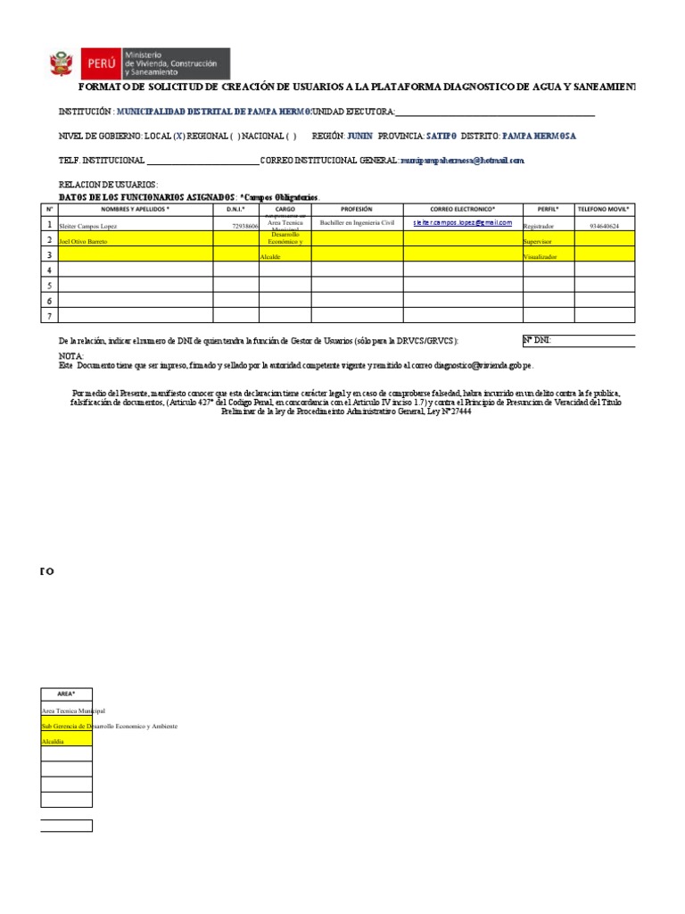 Formato Oficial Creación de Usuarios Plataforma Diagnóstico | PDF