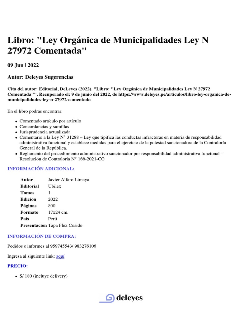Libro Ley Organica de Municipalidades Ley N 27972 Comentada | PDF