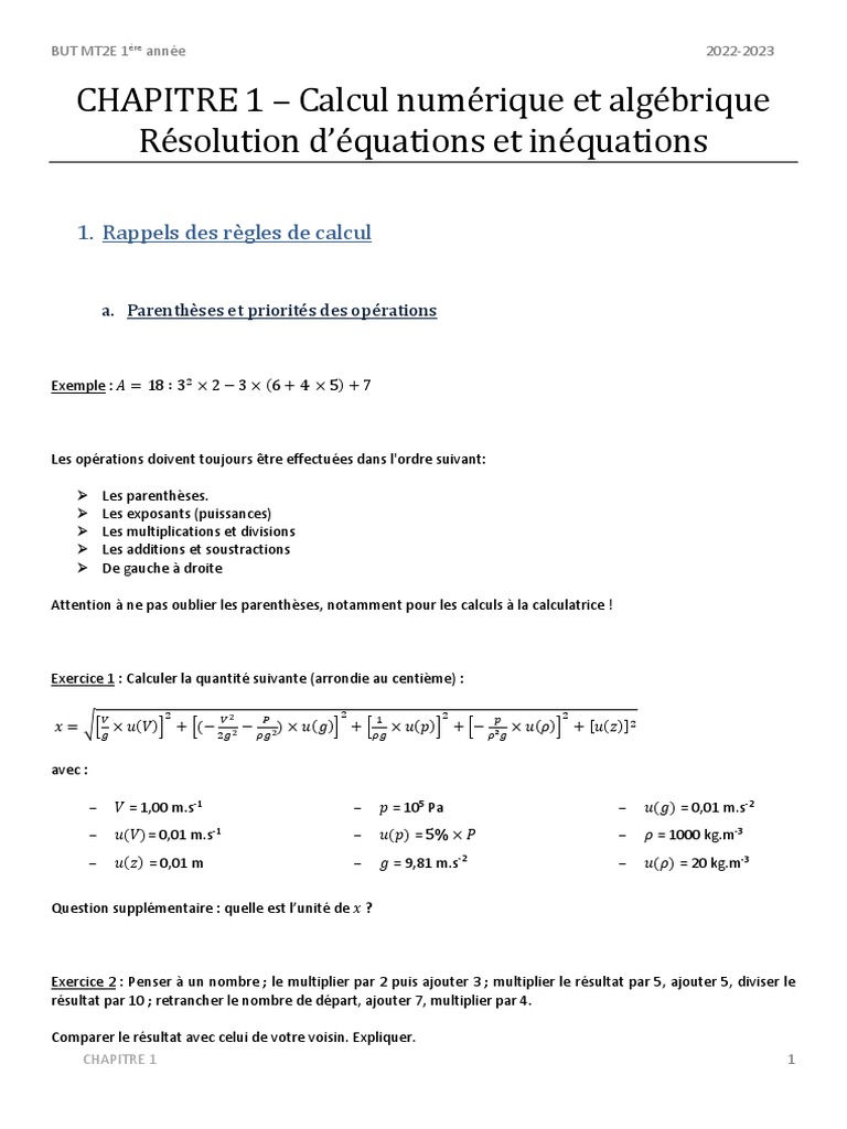 CHAPITRE 1 Calcul Numérique Et Algébrique - Equations Et Inéquations | PDF | Équations | Déterminant