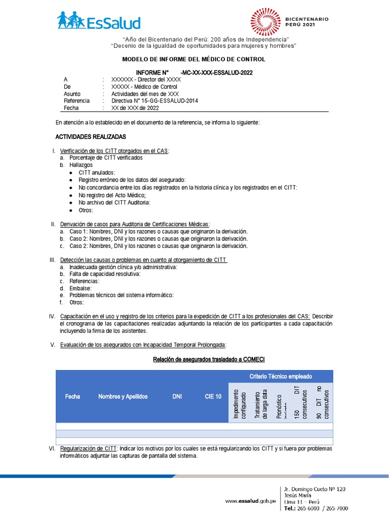 Modelo de Informe Médico de Control 2022 | PDF