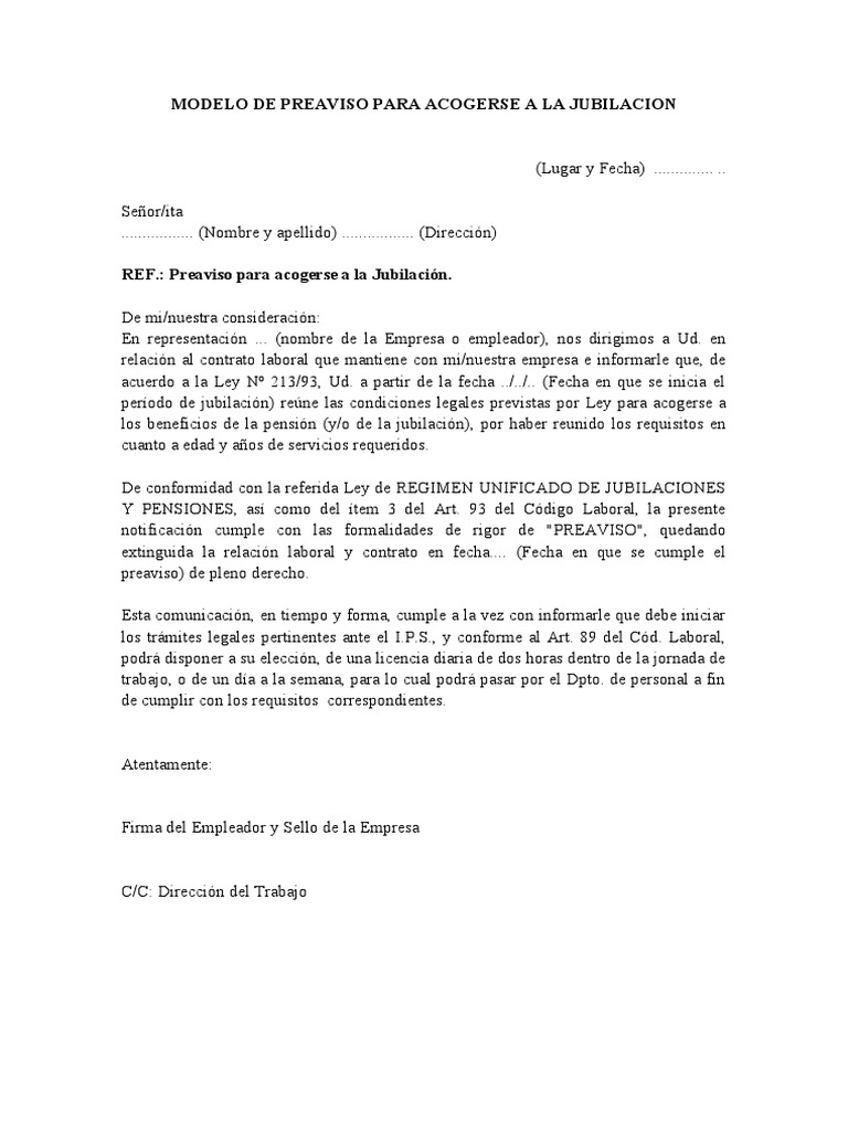 MODELO DE PREAVISO PARA ACOGERSE A LA JUBILACION | PDF