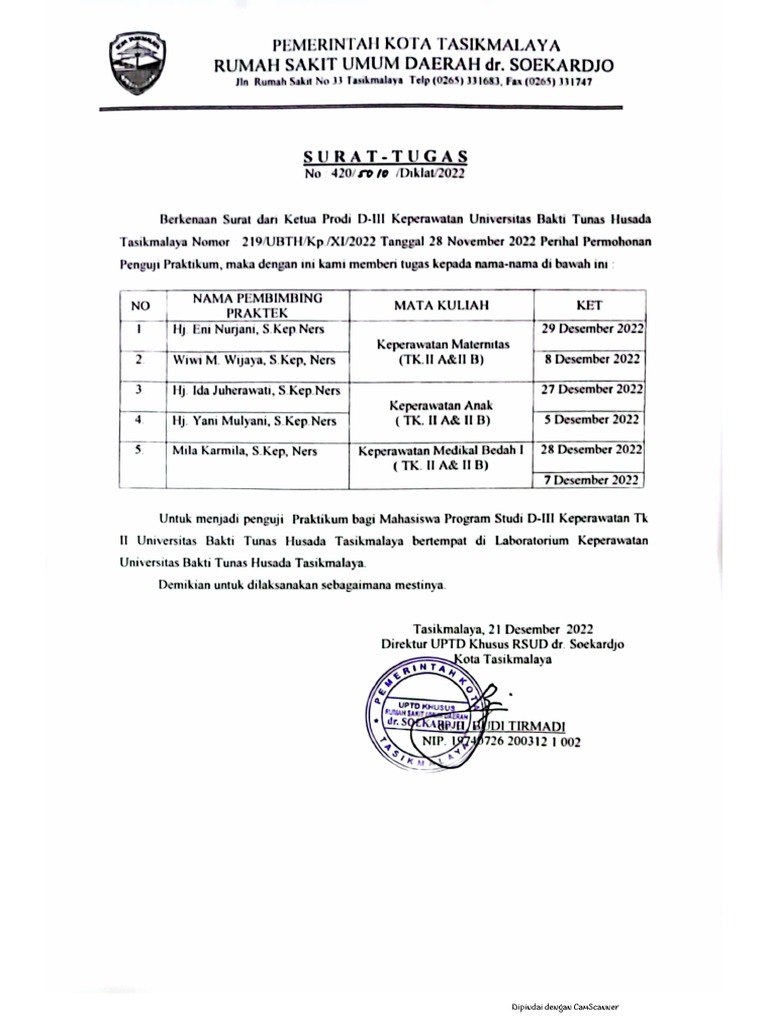 Surat Tugas D3 Keperawatan Univ. BTH Tasik | PDF