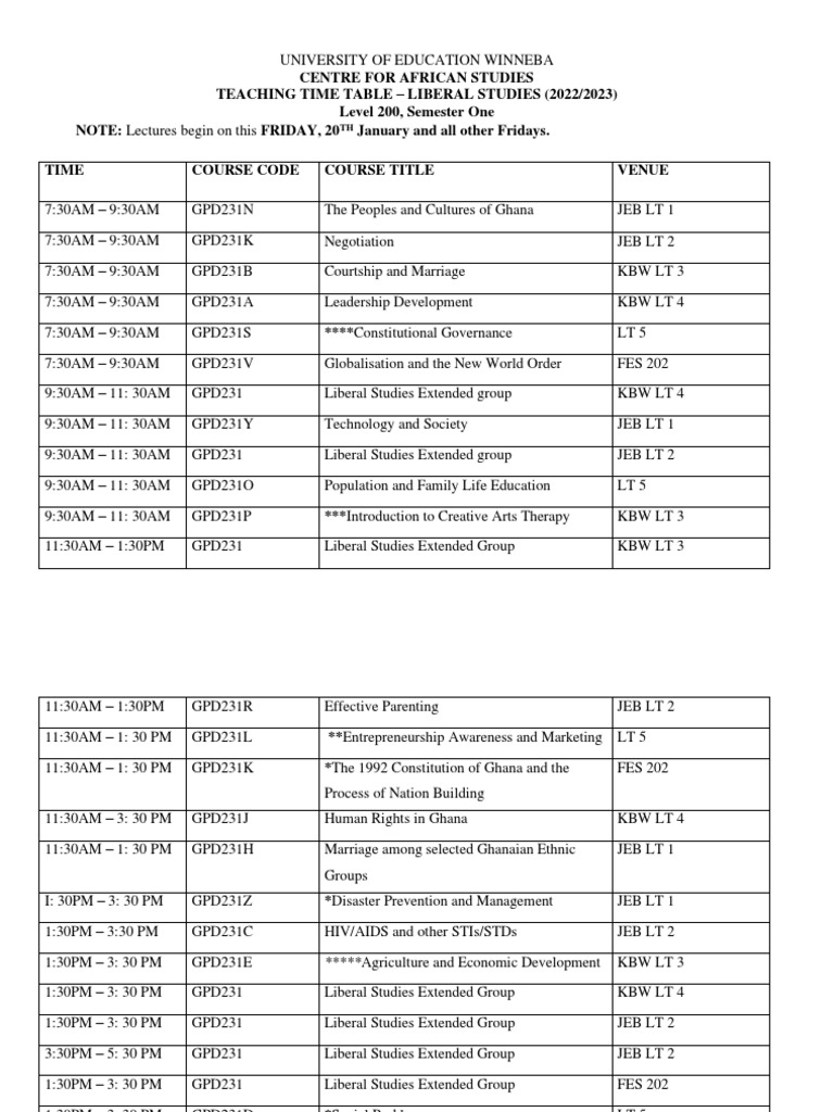 Liberal Studies Time Table 2022 - 23 | PDF | Ghana