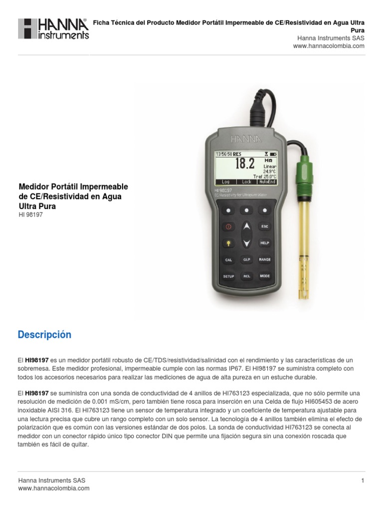 Ficha Técnica Del Producto Medidor Portátil Impermeable de Resistividad ...