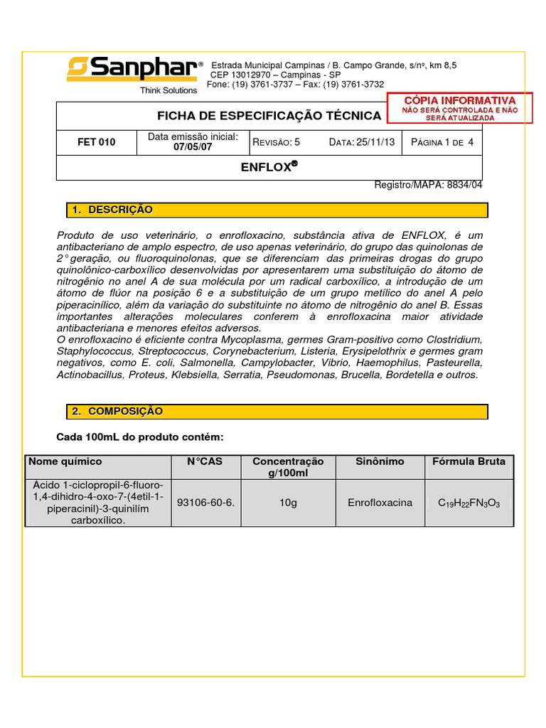 Especificaciones Técnicas de Sanflox ( Enflox) | PDF | Química