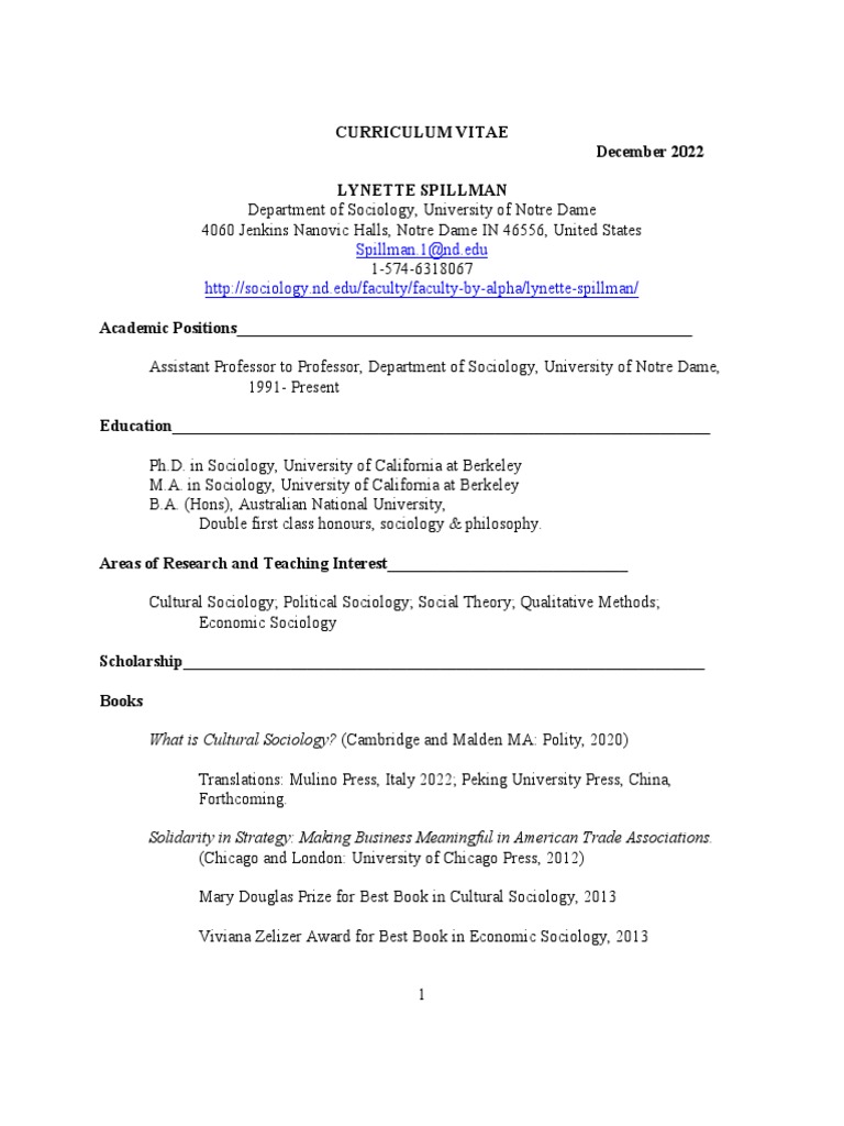 Spillman CV Jan2023 | PDF | Sociology | Social Sciences