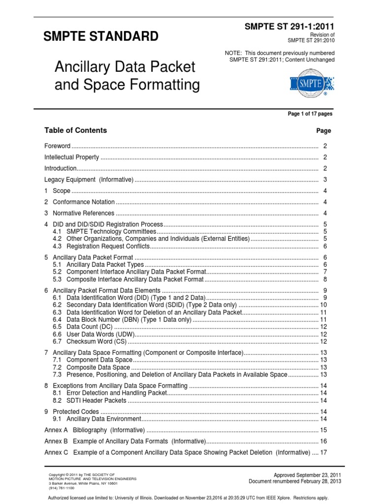 SMPTE ST 291-12011 Ancillary-Data-Packet-And-Space-Formatting | PDF ...