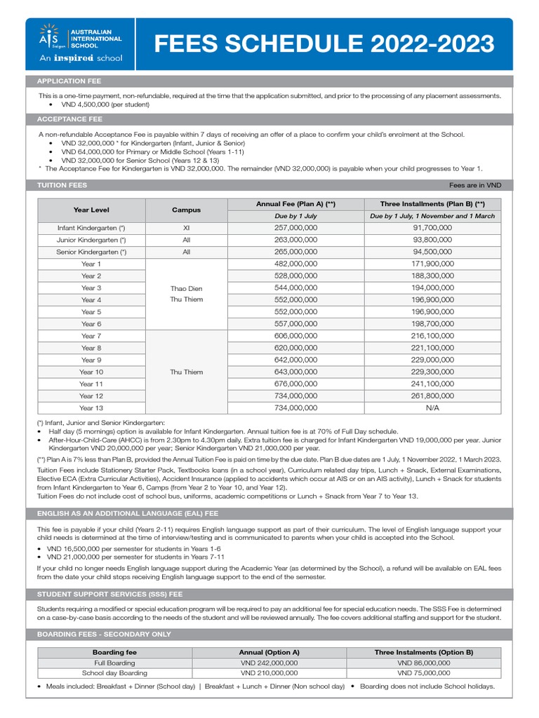 AIS Fee Schedules 2022-2023 | PDF | Payments | Fee