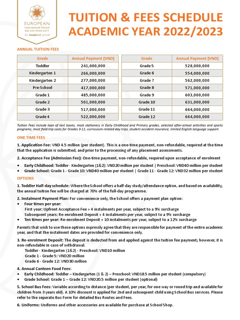 EIS Tuition Fee Schedule 2022-2023 | PDF | Fee | Kindergarten