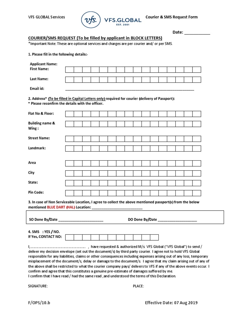 VFS Global Courier & SMS Request Form | PDF