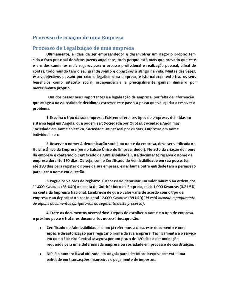Processo de Legalização e Criação de Uma Empresa em Angola | PDF ...