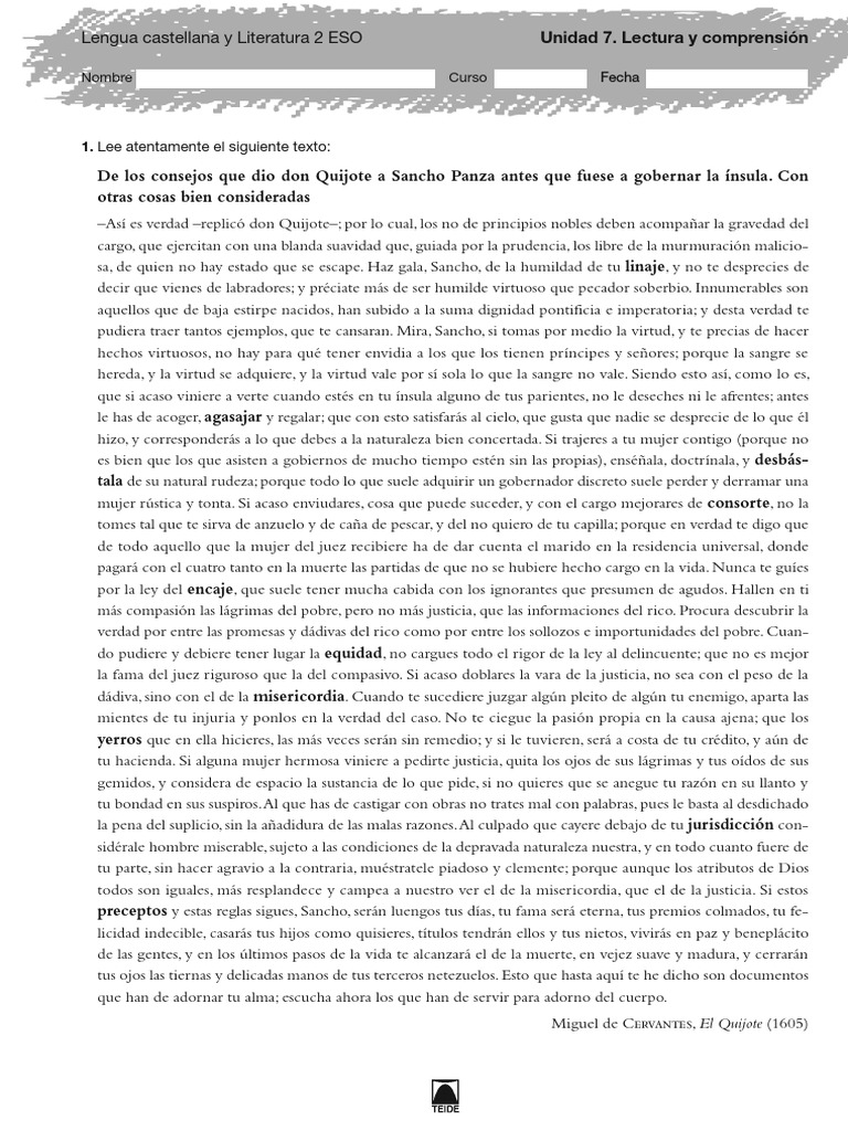 Comprensión Lectora | PDF | Don Quijote