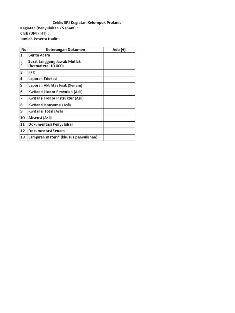 Ceklis SPJ Kegiatan Prolanis | PDF | Kesehatan Holistik