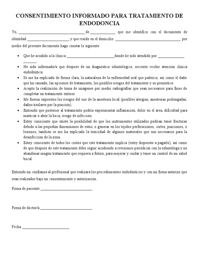 Consentimiento Informado Endodoncia | PDF