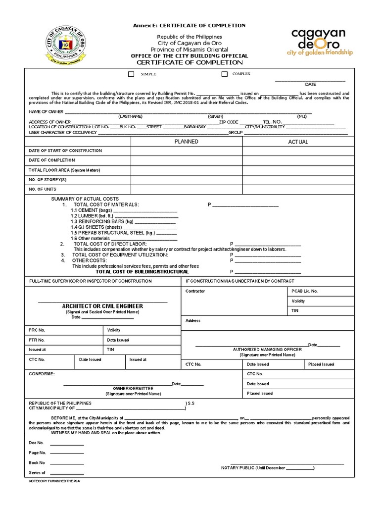 Coo Certificate of Completion | PDF | Real Estate | Engineering