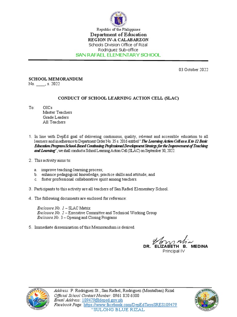 SCHOOL MEMO No. 60, S. 2022 - SLAC (Sept. 30, 2022) | PDF | Teachers ...