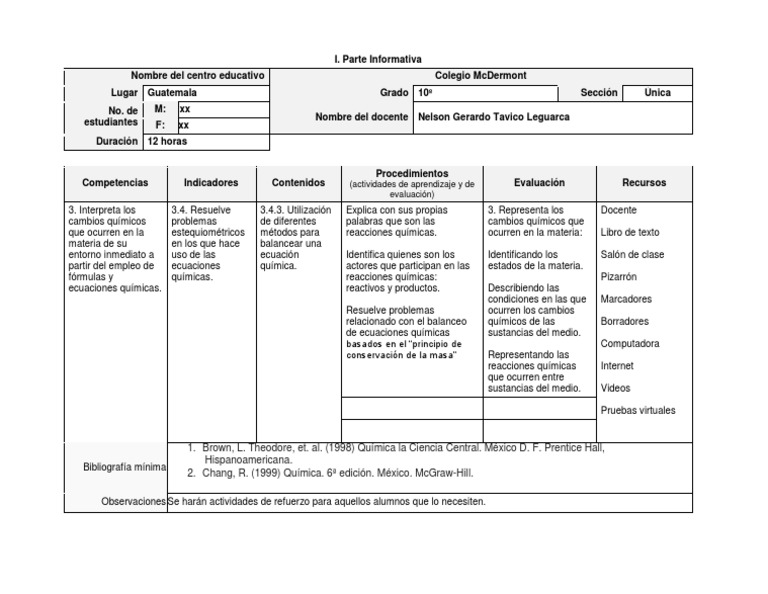 Plan De Clase Quimica Pdf Estequiometría Cognición