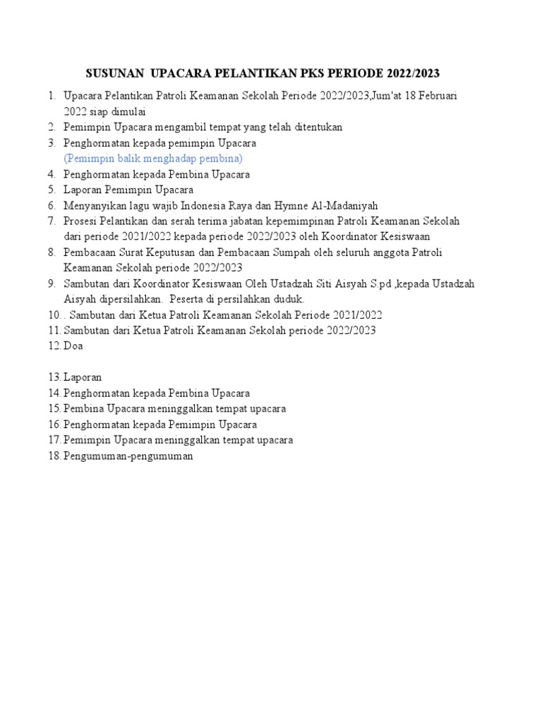 Susunan Upacara Pelantikan PKS 2022 | PDF