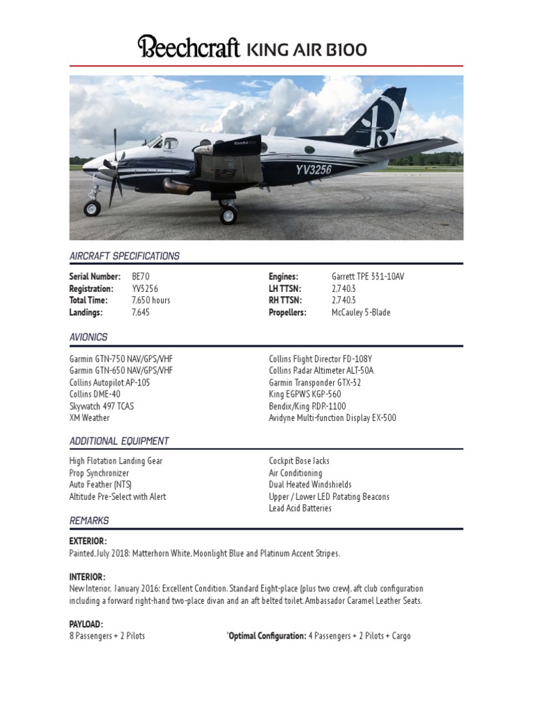 King Air B100 Aircraft Specs | PDF | Technology & Engineering