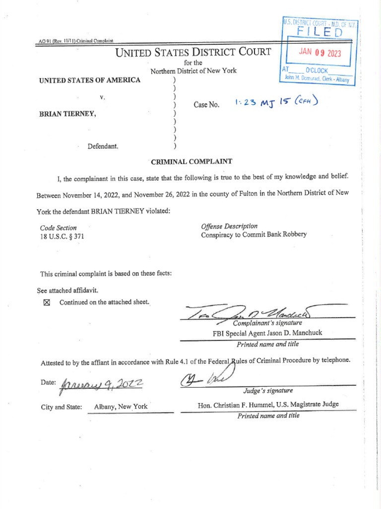 Brian Tierney Criminal Complaint | PDF