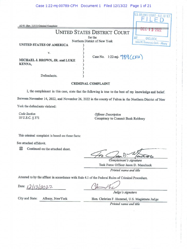 Criminal Complaint Against Luke Kenna and Michael Brown | PDF
