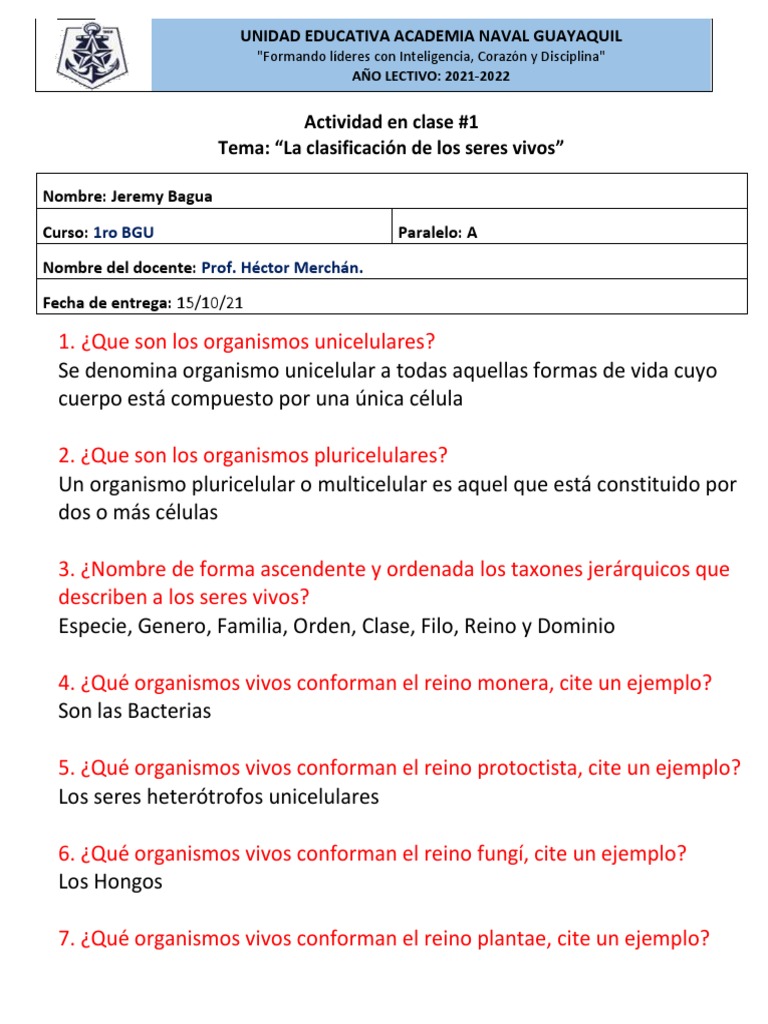 #1 Actividad Clasificación de Los Seres Vivos BIOLOGIA JEREMY BAGUA | PDF
