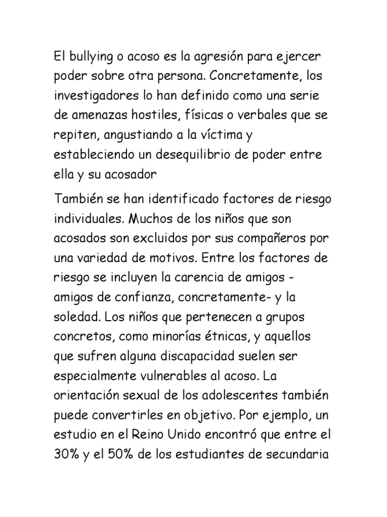 El Bullying o Acoso Es La Agresión para Ejercer Poder Sobre Otra ...