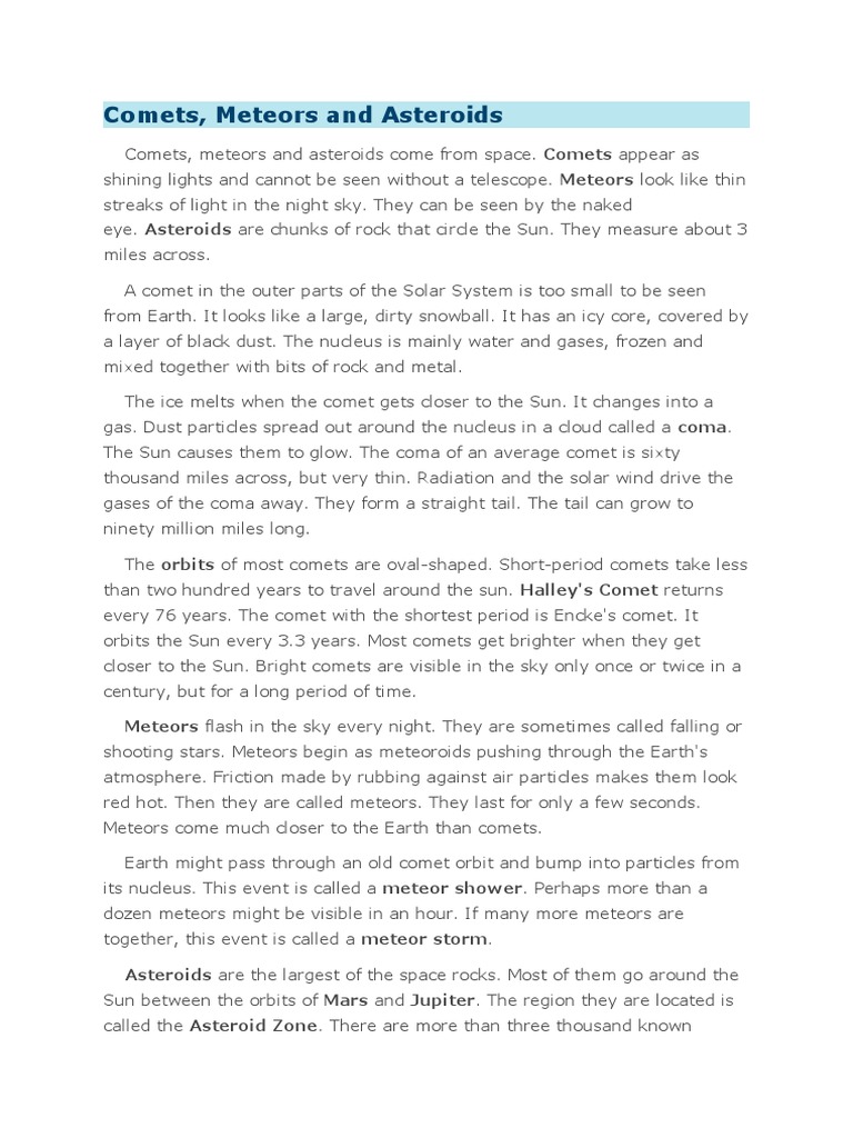 Comets, Meteors, Asteriods Reading Comprehension | PDF | Comet | Meteoroid