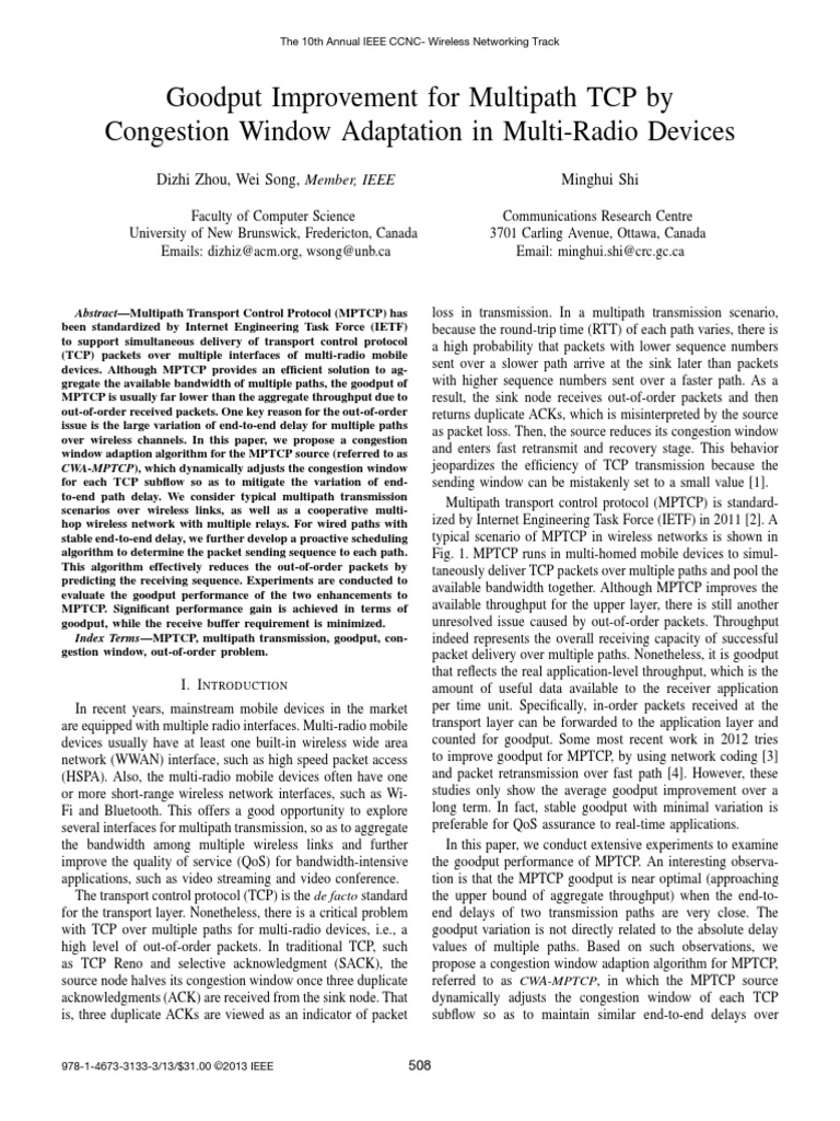 D4 Goodput Improvement For Multipath Tcp By Congestion Window Adaptation In Multi Radio Devices