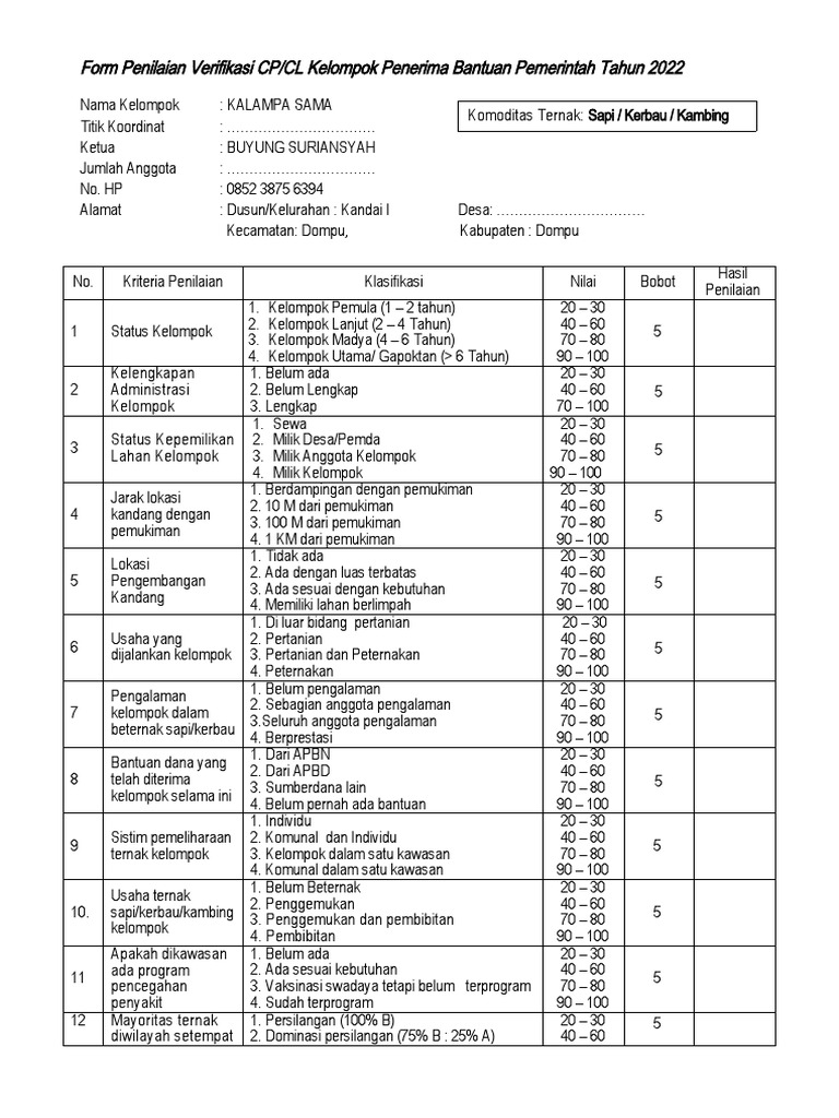 Form Penilaian CPCL 2022 | PDF