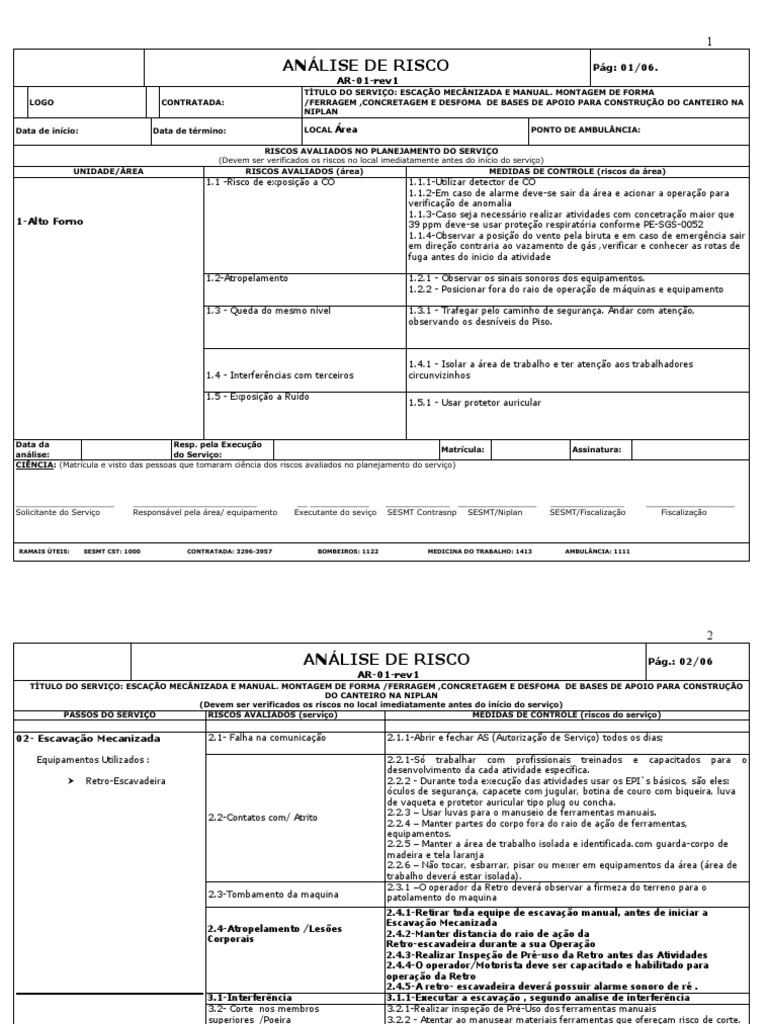 Analise Preliminar de Risco Escavação Mecânizada e Manual | PDF