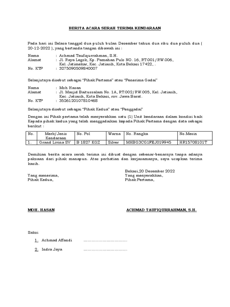 Berita Acara Serah Terima Kendaraan | PDF