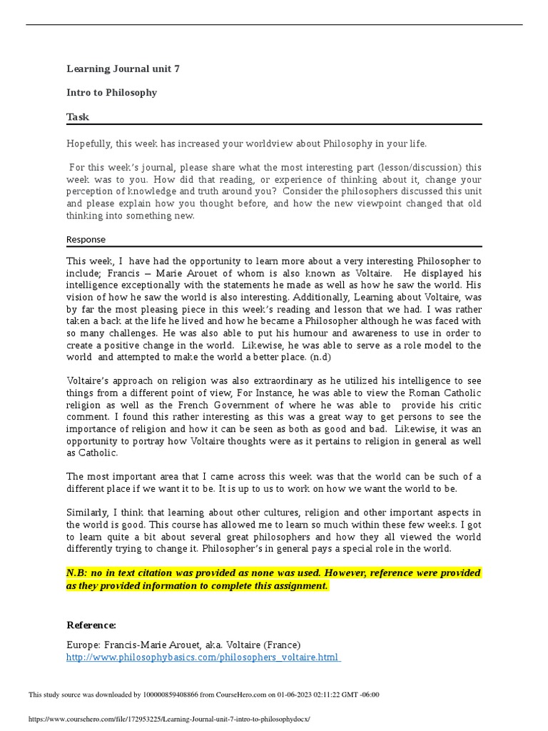 Learning Journal Unit 7 Intro To Philosophy | PDF | Voltaire | Intelligence