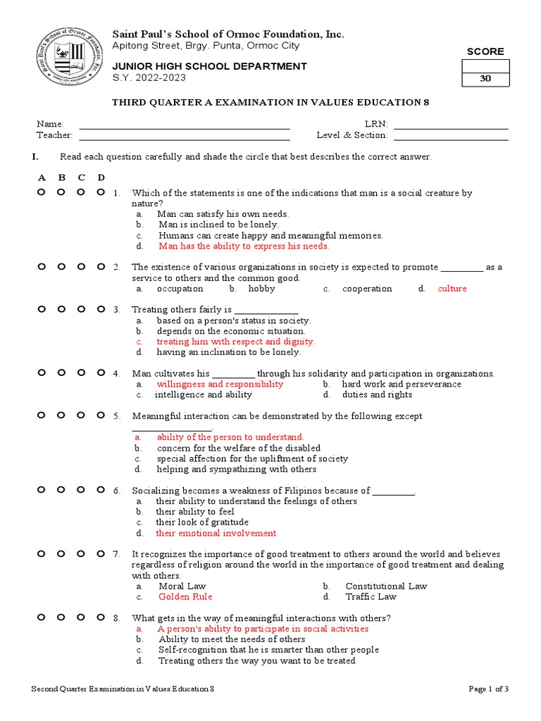 ESP 8 2nd Quarter Exam | PDF | Friendship | Love
