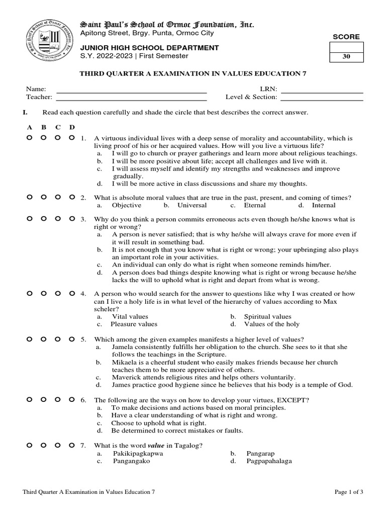 Values 7 3rd Quarter A Exam Modified | PDF | Virtue | Spirituality