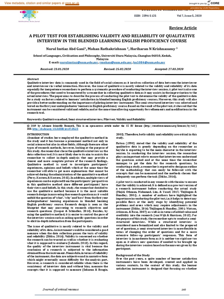 A Pilot Test For Establishing Validity A | PDF | Qualitative Research ...
