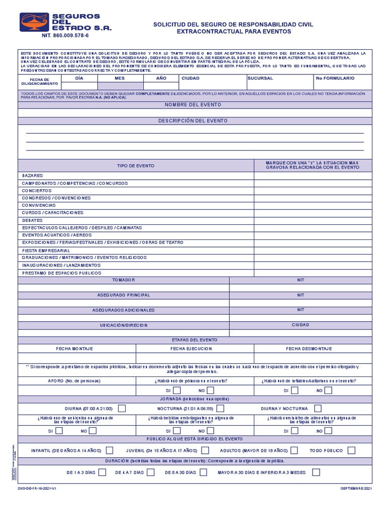 Solicitud de Seguro de Responsabilidad Civil Extracontractual para Eventos - Sus-Ge-Fr-014 | PDF ...