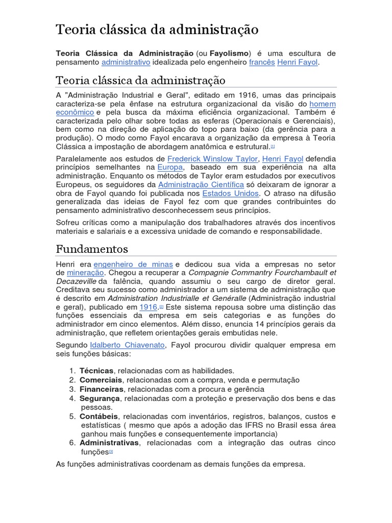 Teoria Clássica Da Administração | PDF