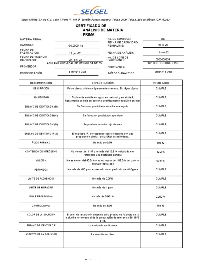 Certificado de Análisis de Materia Prima | PDF | Solubilidad ...
