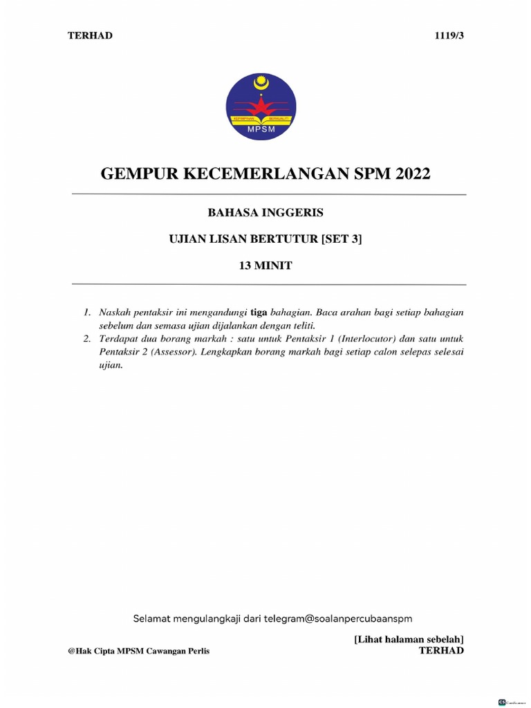 English Paper 3 Speaking Test (Set 3) Perlis 2022 | PDF