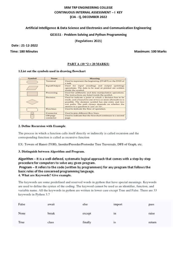 SRM TRP ENGINEERING COLLEGE CIA - I KEY DEC 2022 Problem Solving and Python Programming | PDF ...
